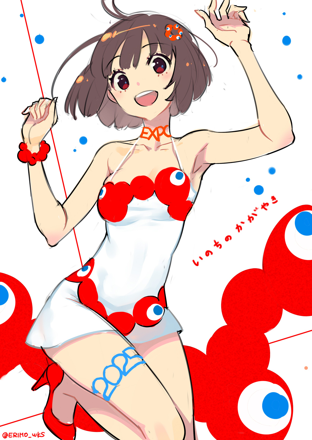 Safebooru - 1girl :d arm up armpits bare arms bare shoulders blush brown hair dress expo2025 ...