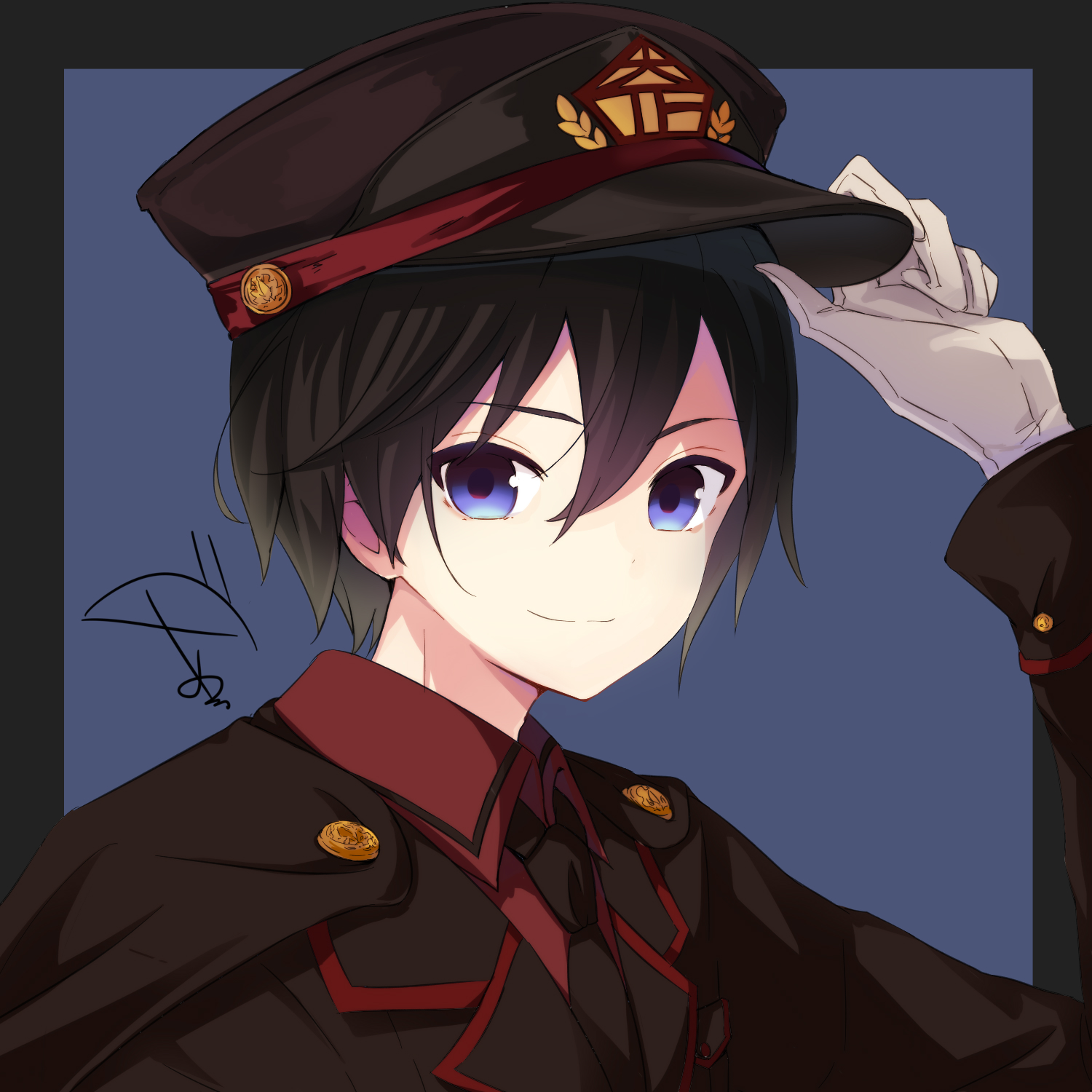 Safebooru - >:) 1boy amagasa nadame arm up bangs black background black hair black headwear ...