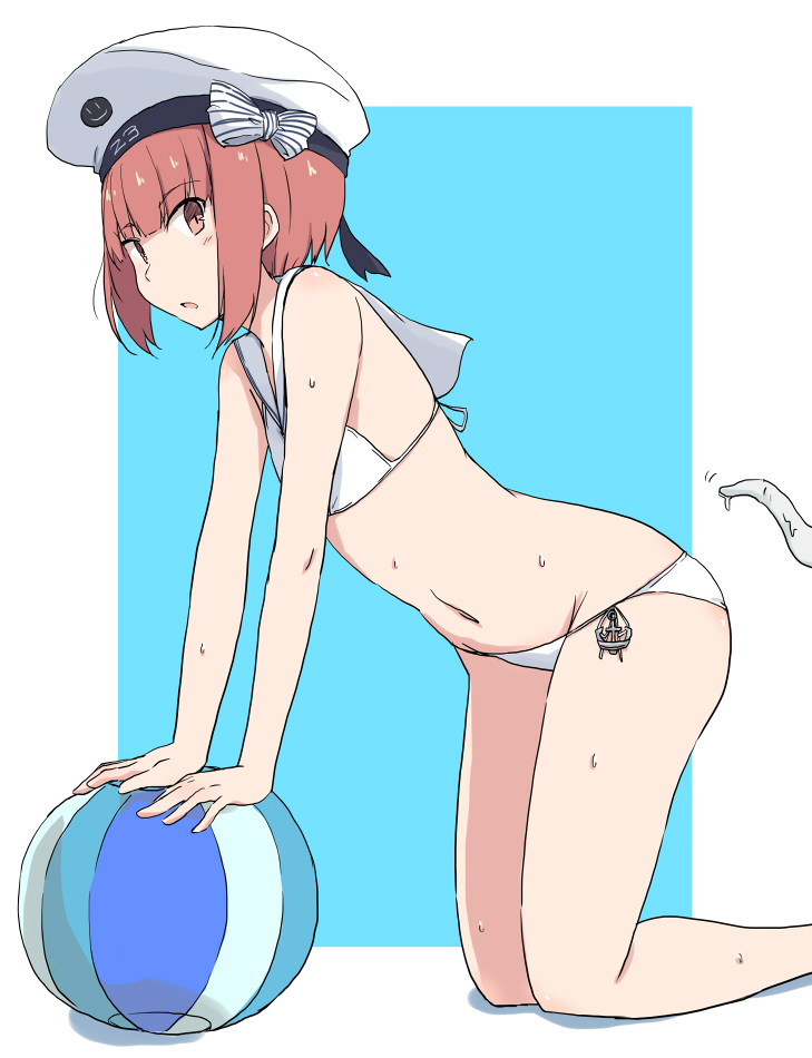 Safebooru - 1girl all fours anchor ball beachball bikini blue background brown eyes brown hair ...