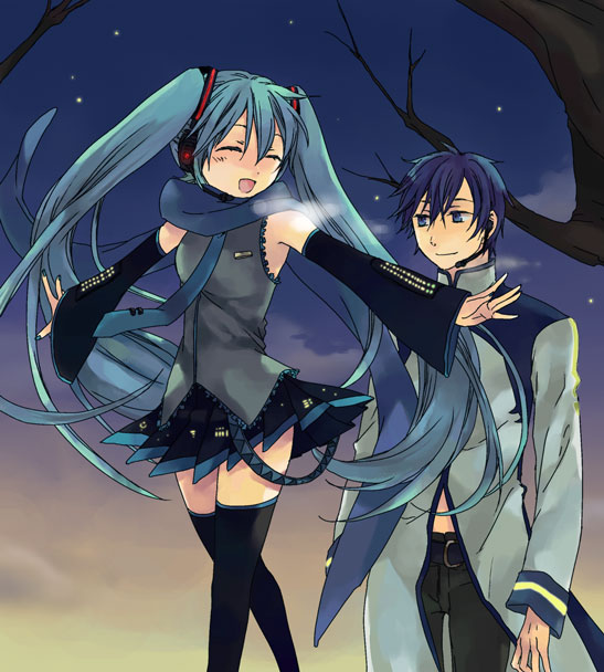 Safebooru - hatsune miku kaito scarf soysauce (pixiv47673) thighhighs ...
