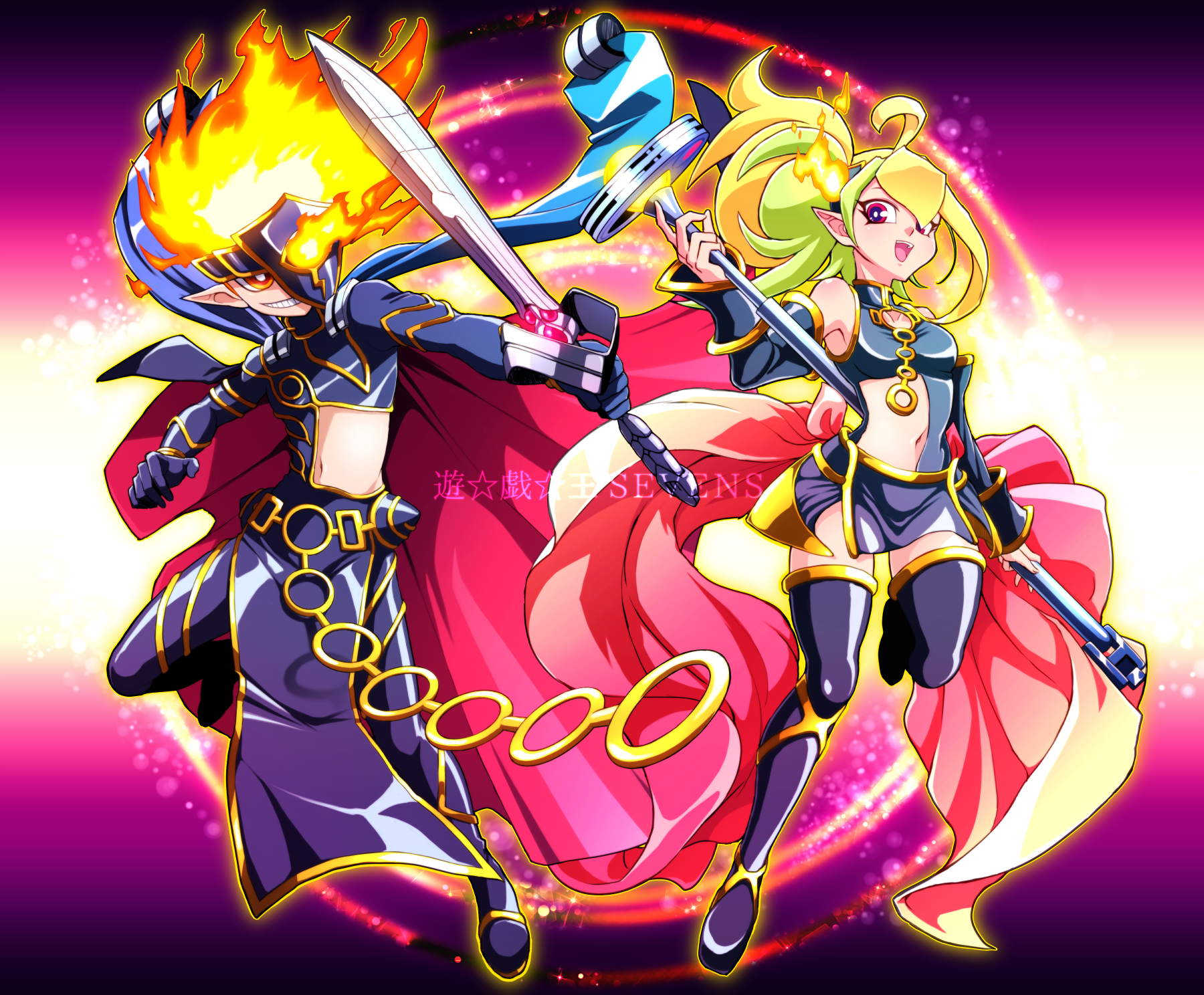 Safebooru - 1boy 1girl asymmetrical clothes asymmetrical hair blonde hair cape duel monster ...