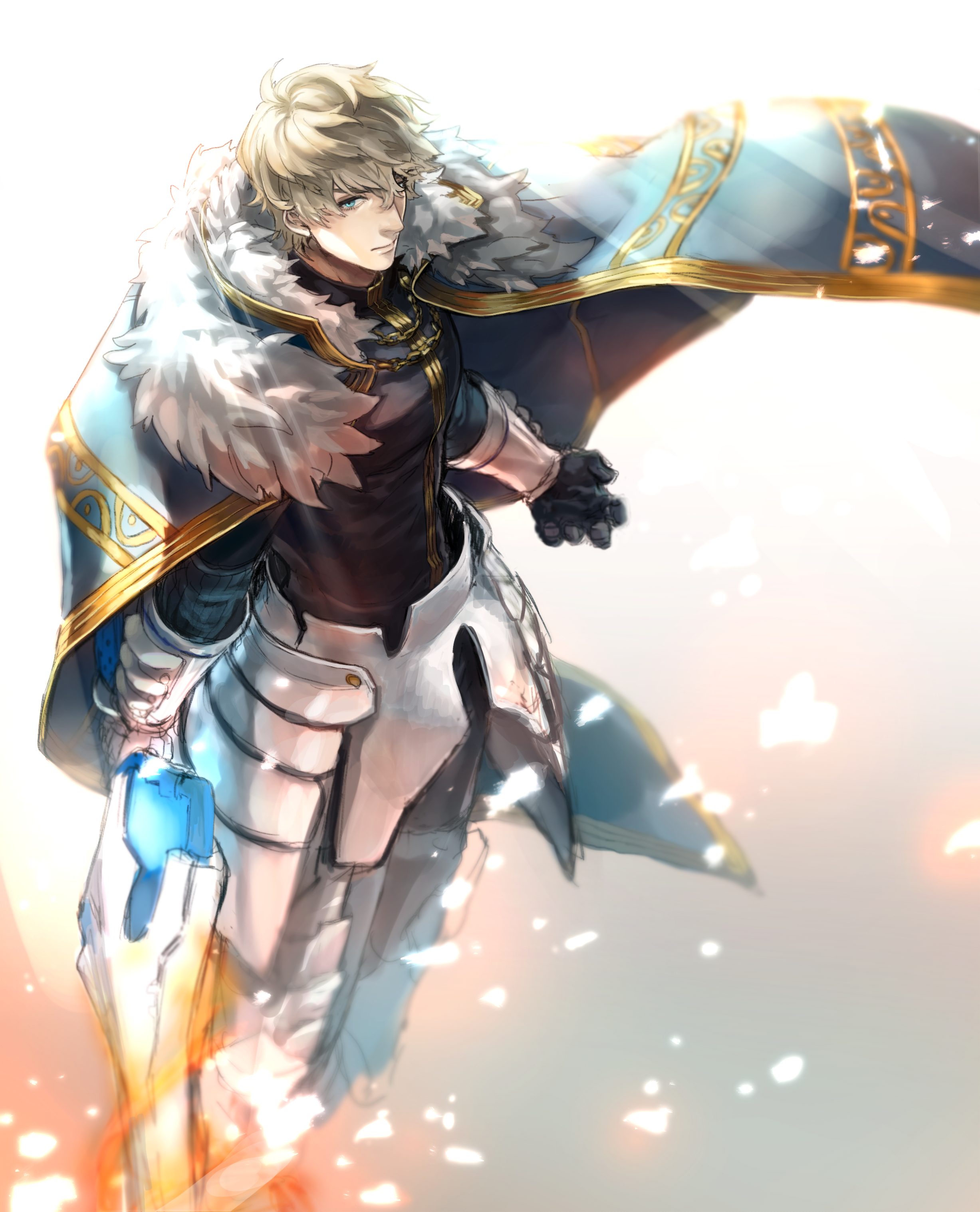 Safebooru - 1boy absurdres armor black gloves blonde hair blue cape blue eyes cape collared cape ...