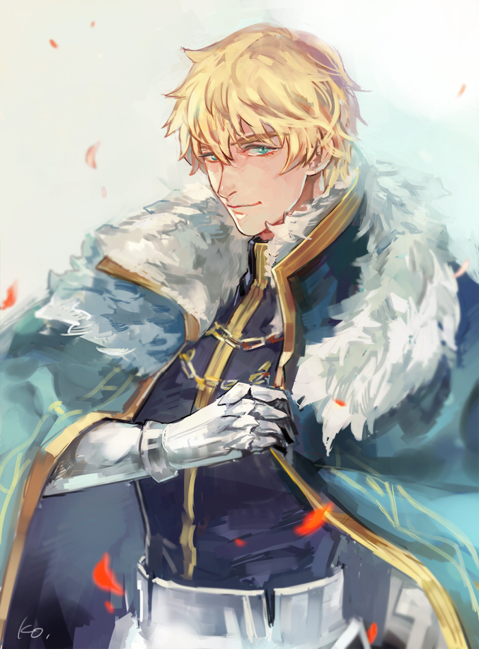 Safebooru - 1boy armor black gloves blonde hair blue cape blue eyes cape collared cape excalibur ...