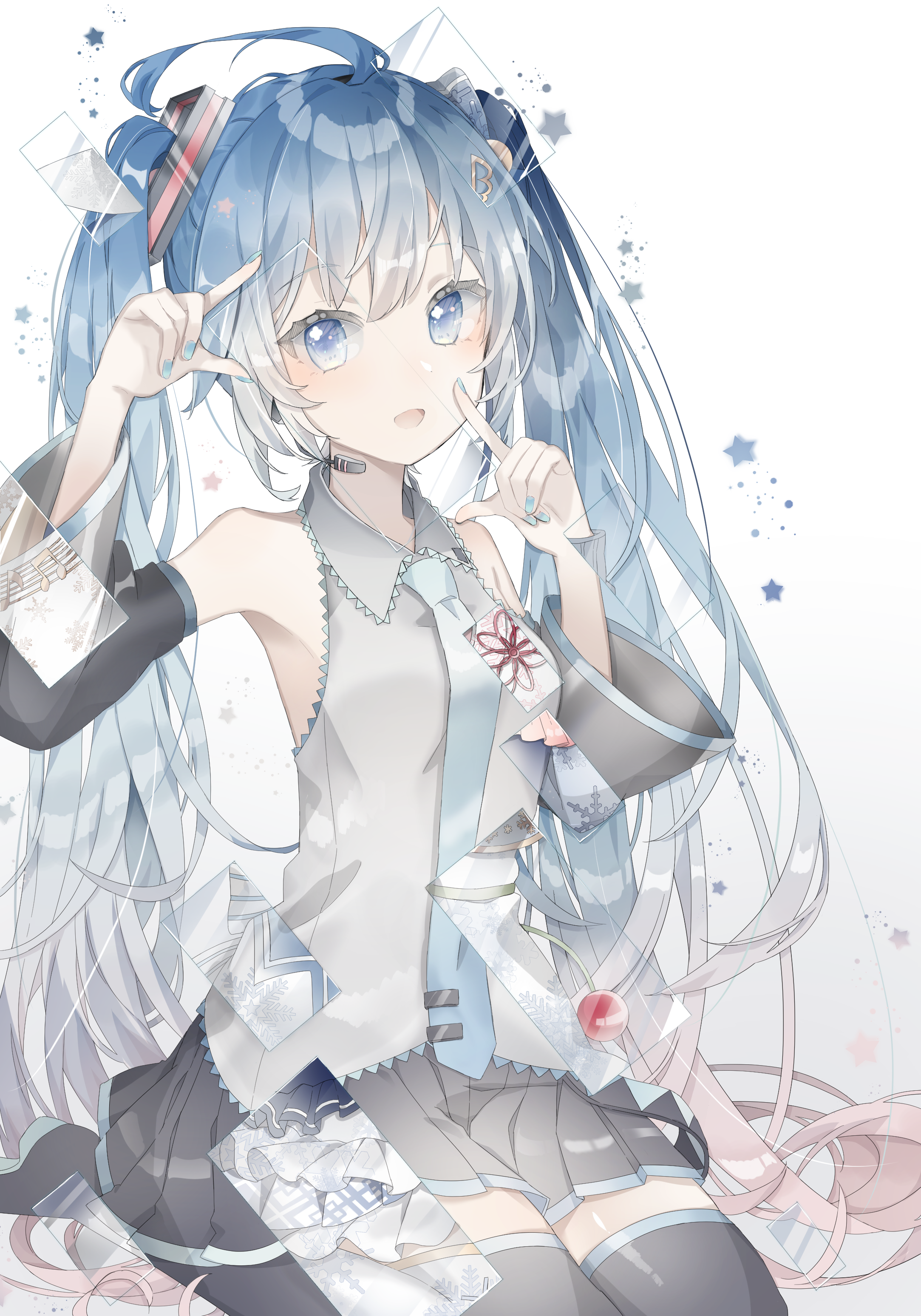 Safebooru - 1girl :d absurdres ahoge arm up bangs bare shoulders black footwear black legwear ...