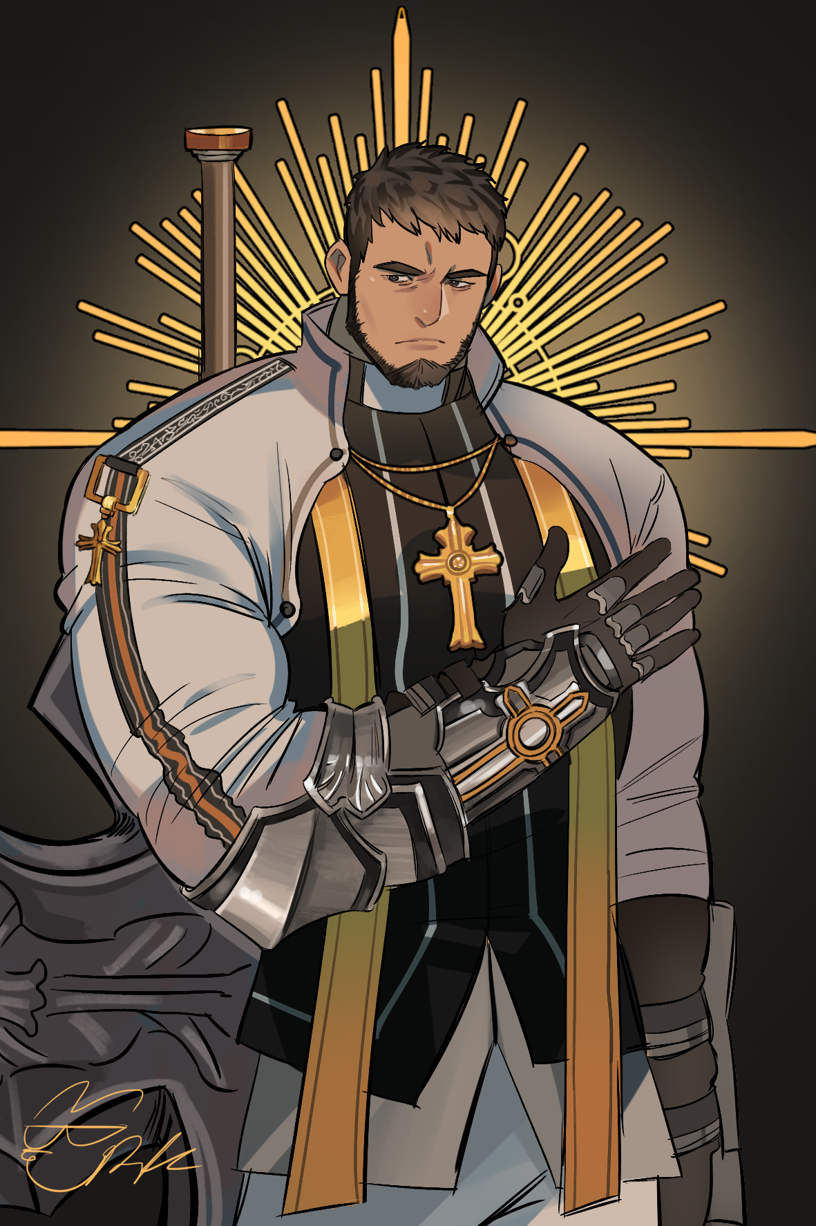 Safebooru - 1boy bara beard brk 603 brown hair chest cross cross necklace dungeon and fighter ...