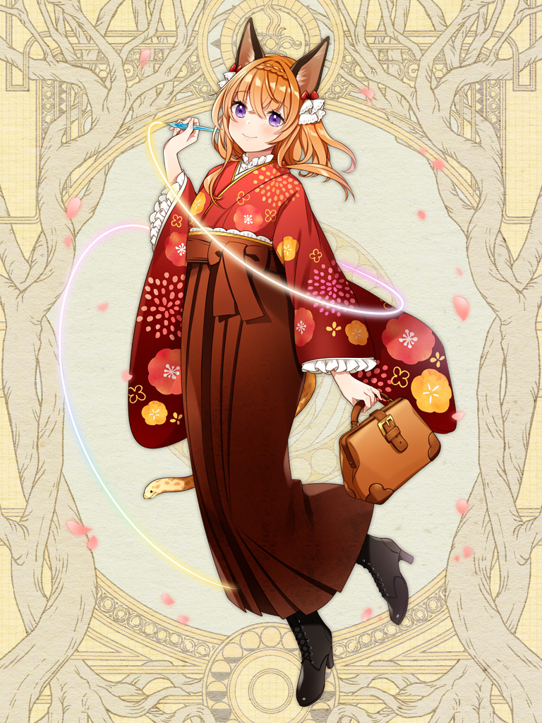 Safebooru - 1girl animal ears bag black footwear braid brown hakama cat ears cat tail crown ...