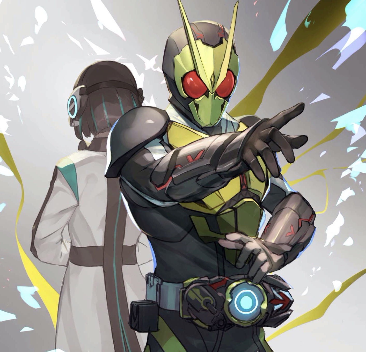 Safebooru - 1boy 1girl armor belt black hair highres humagear ...