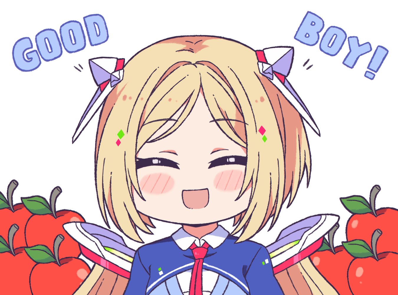 Safebooru - 1girl :d aki rosenthal apple blonde hair blush closed eyes detached hair english ...