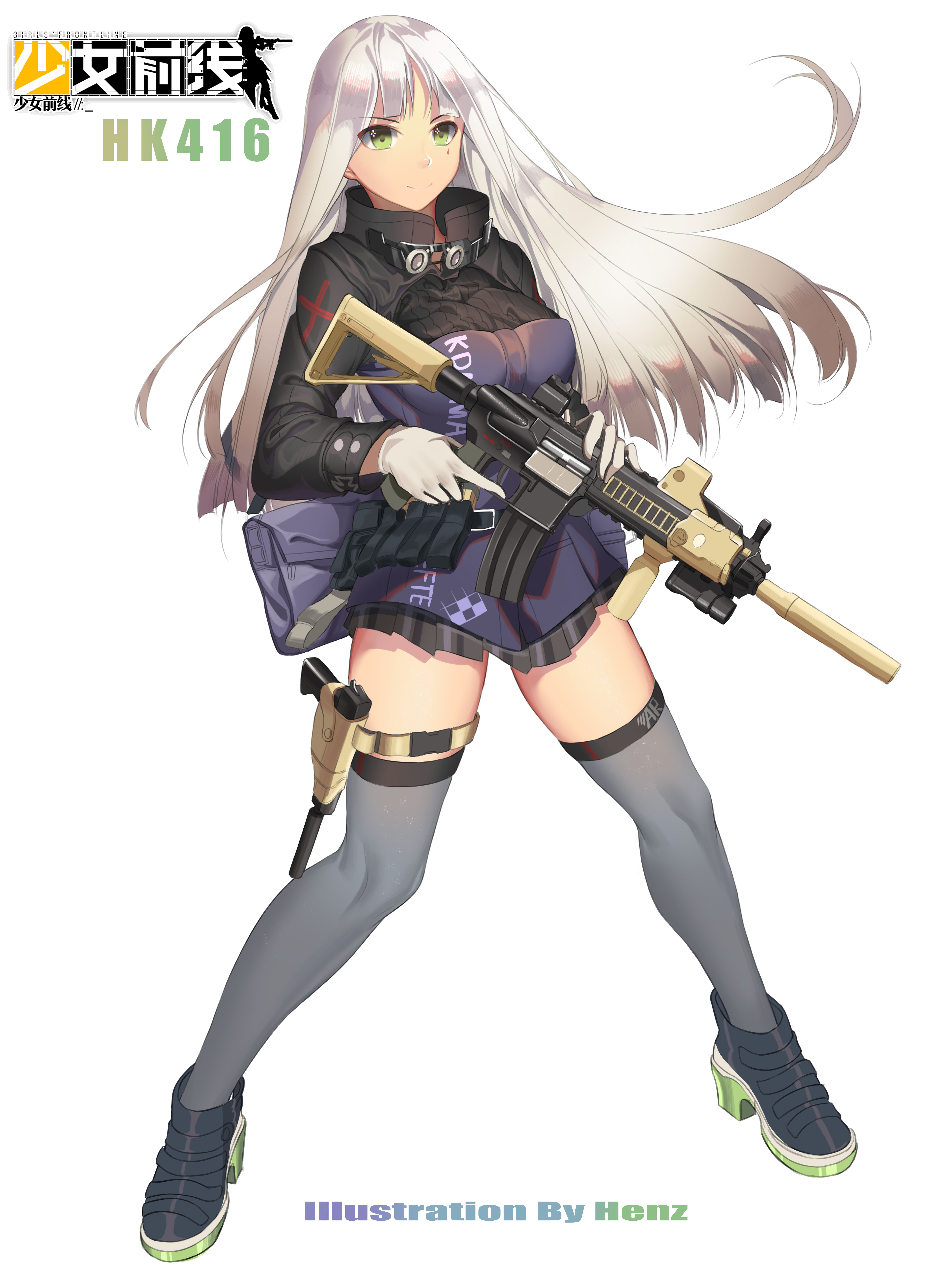 Safebooru - 1girl absurdres artist name assault rifle bag black footwear blue legwear breasts ...