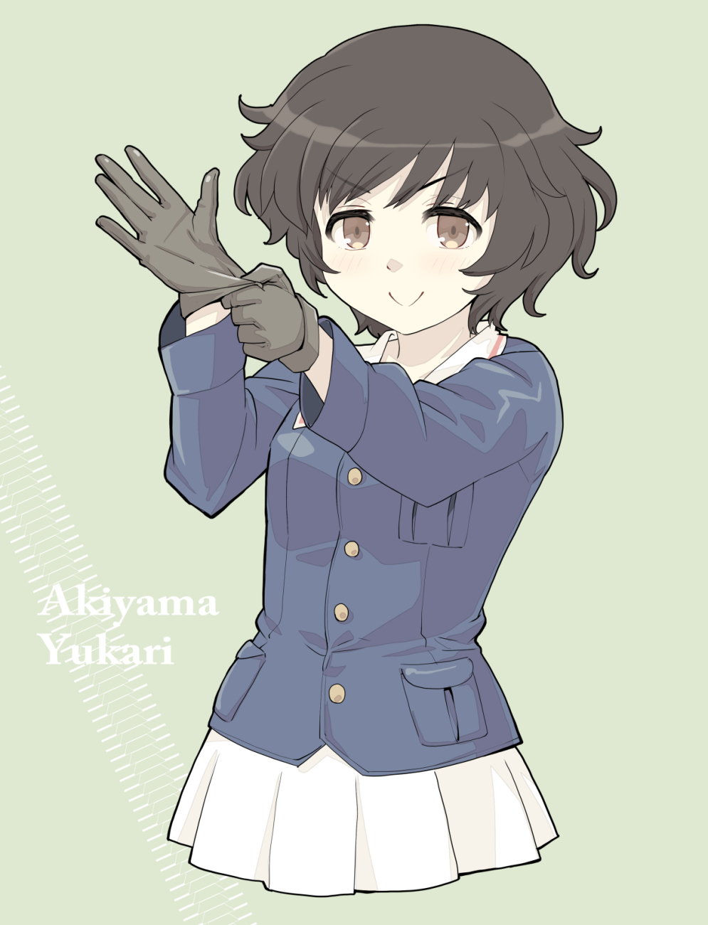 Safebooru - 1girl adjusting clothes adjusting gloves akiyama yukari blush stickers brown eyes ...