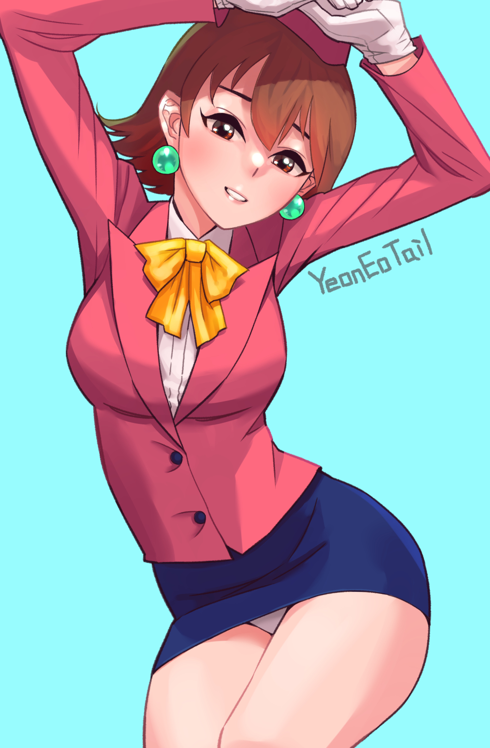 Safebooru - 1girl agent aika aika (series) alternate costume arms up artist name bangs blue ...