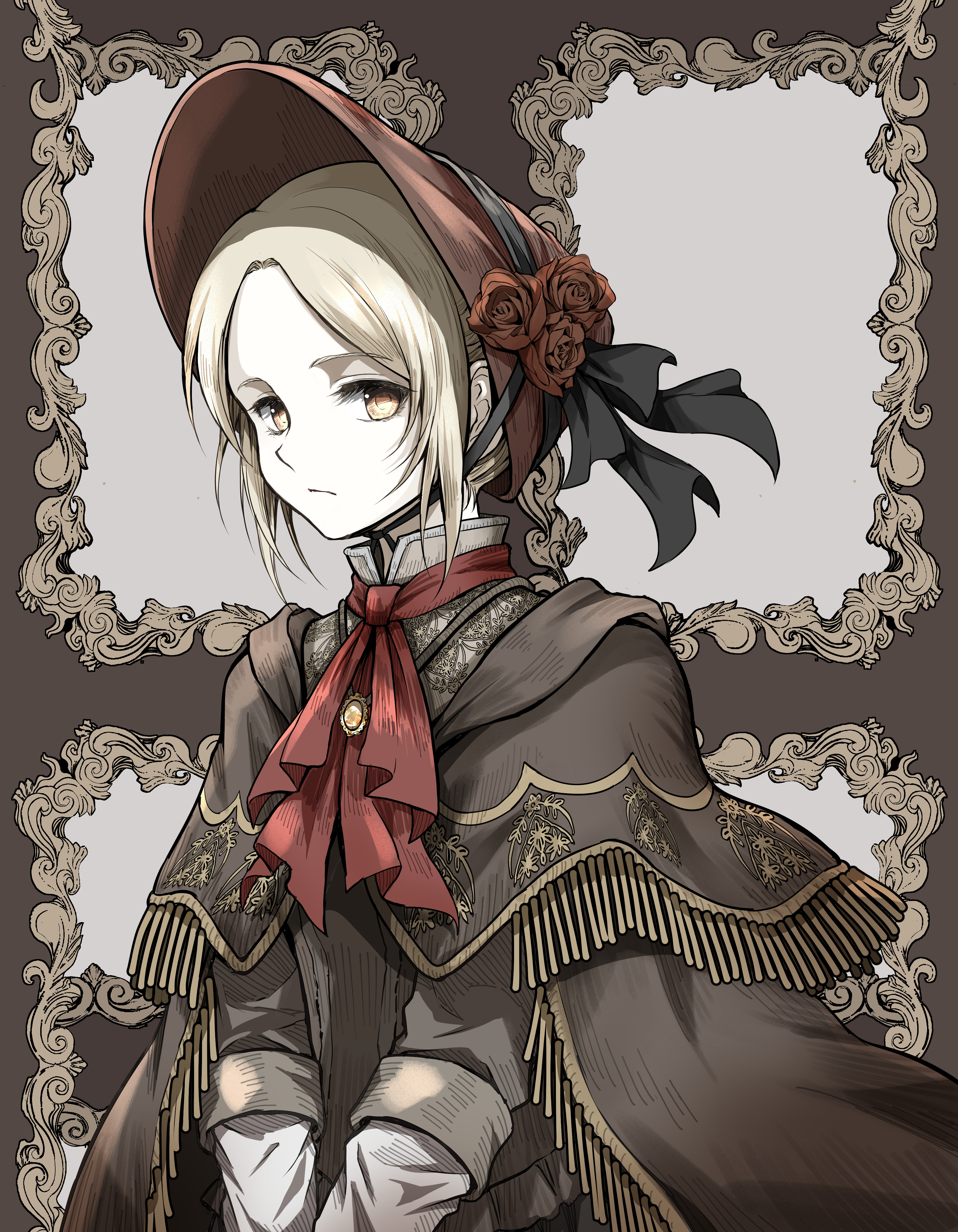 Safebooru - 1girl absurdres bangs blonde hair bloodborne bonnet brown eyes capelet cloak closed ...