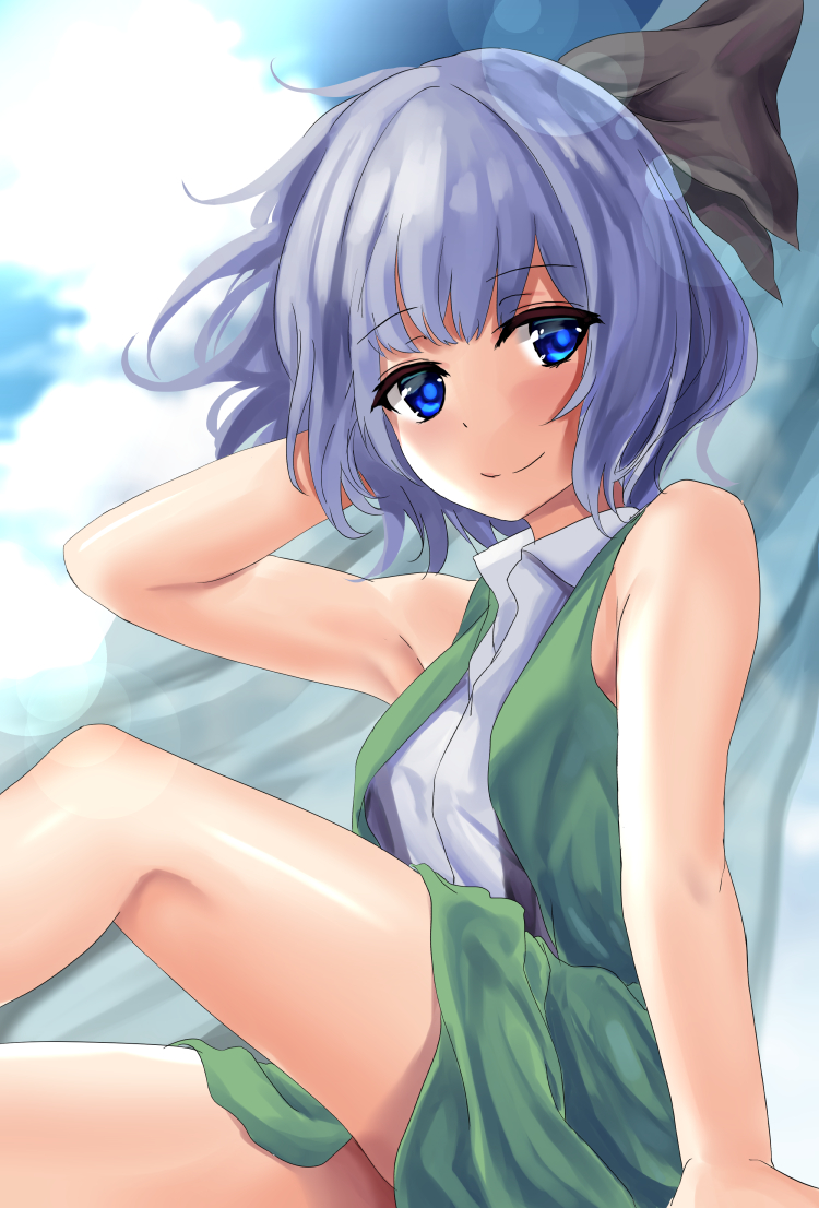 Safebooru - 1girl adapted costume arm behind head arm support armpit peek bangs bare arms blue ...