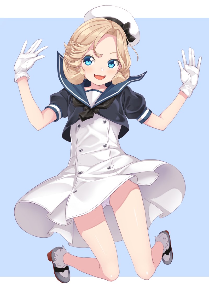 Safebooru - 1girl arms up bangs black neckwear blonde hair blue background blue eyes blue sailor ...