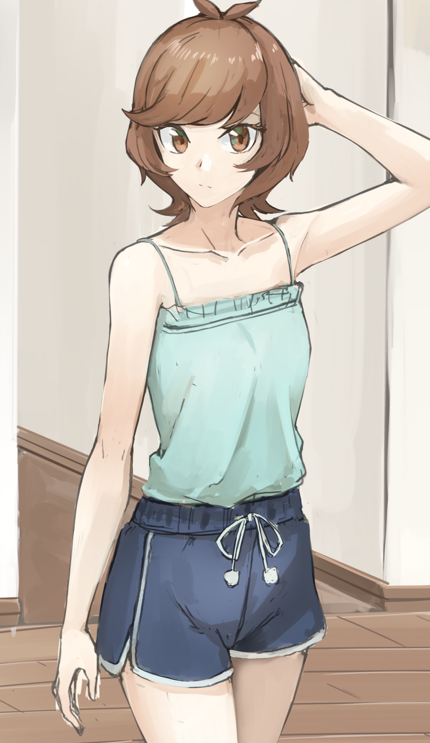 Safebooru - 1girl bangs blue shirt blue shorts brown eyes brown hair closed mouth collarbone ...