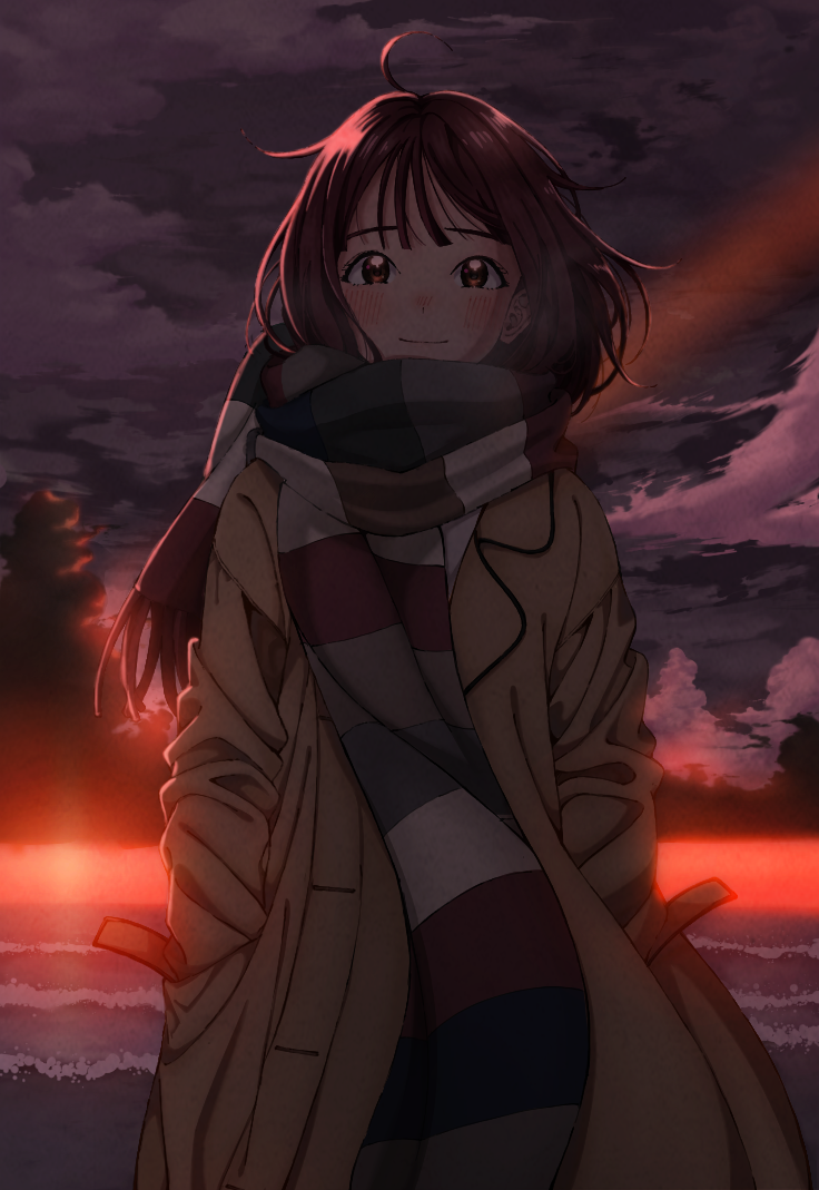 Safebooru - 1girl blush brown coat brown eyes brown hair coat hands in ...
