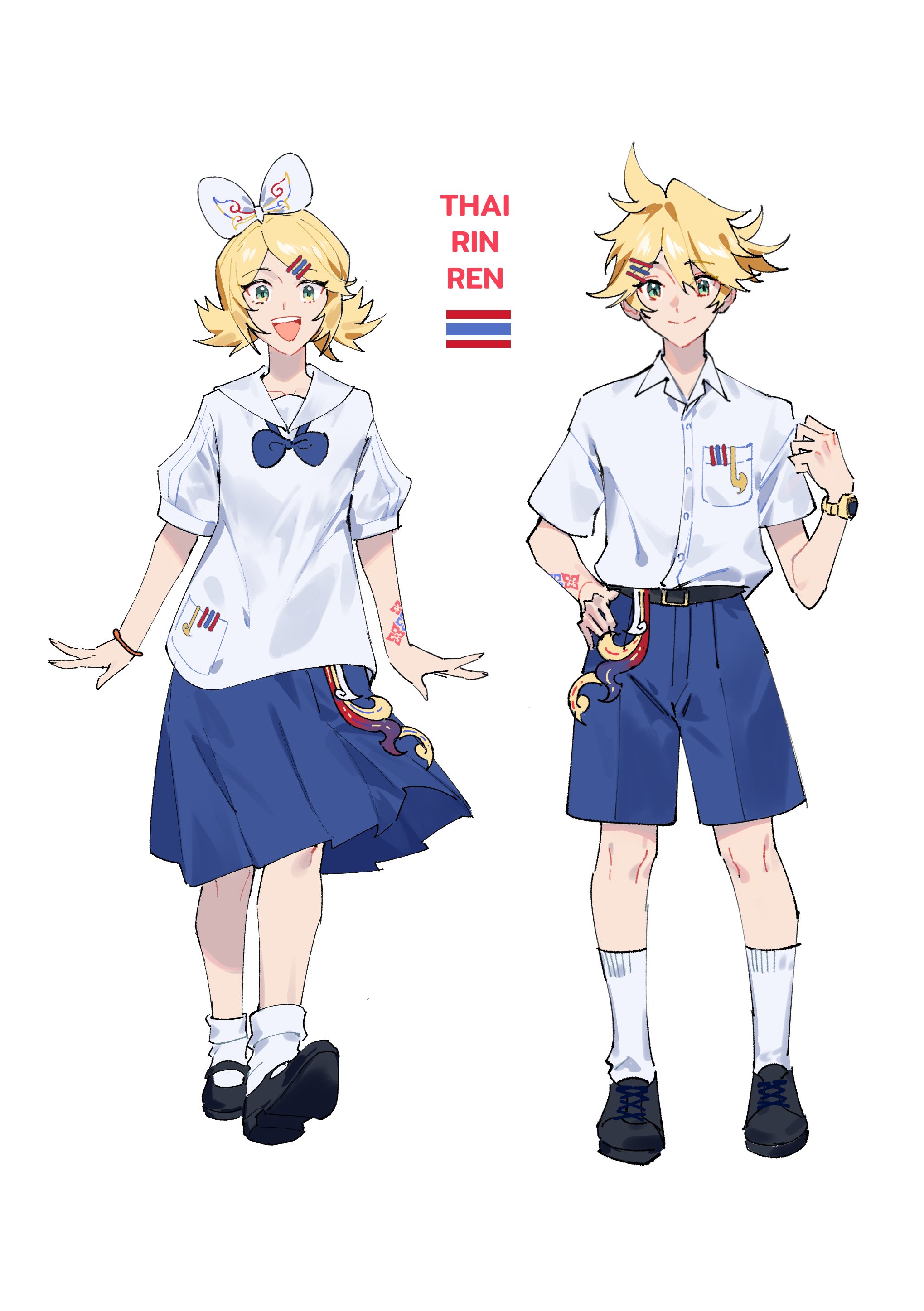 Safebooru - 1boy 1girl absurdres aqua eyes black footwear blonde hair blue shorts blue skirt bow ...