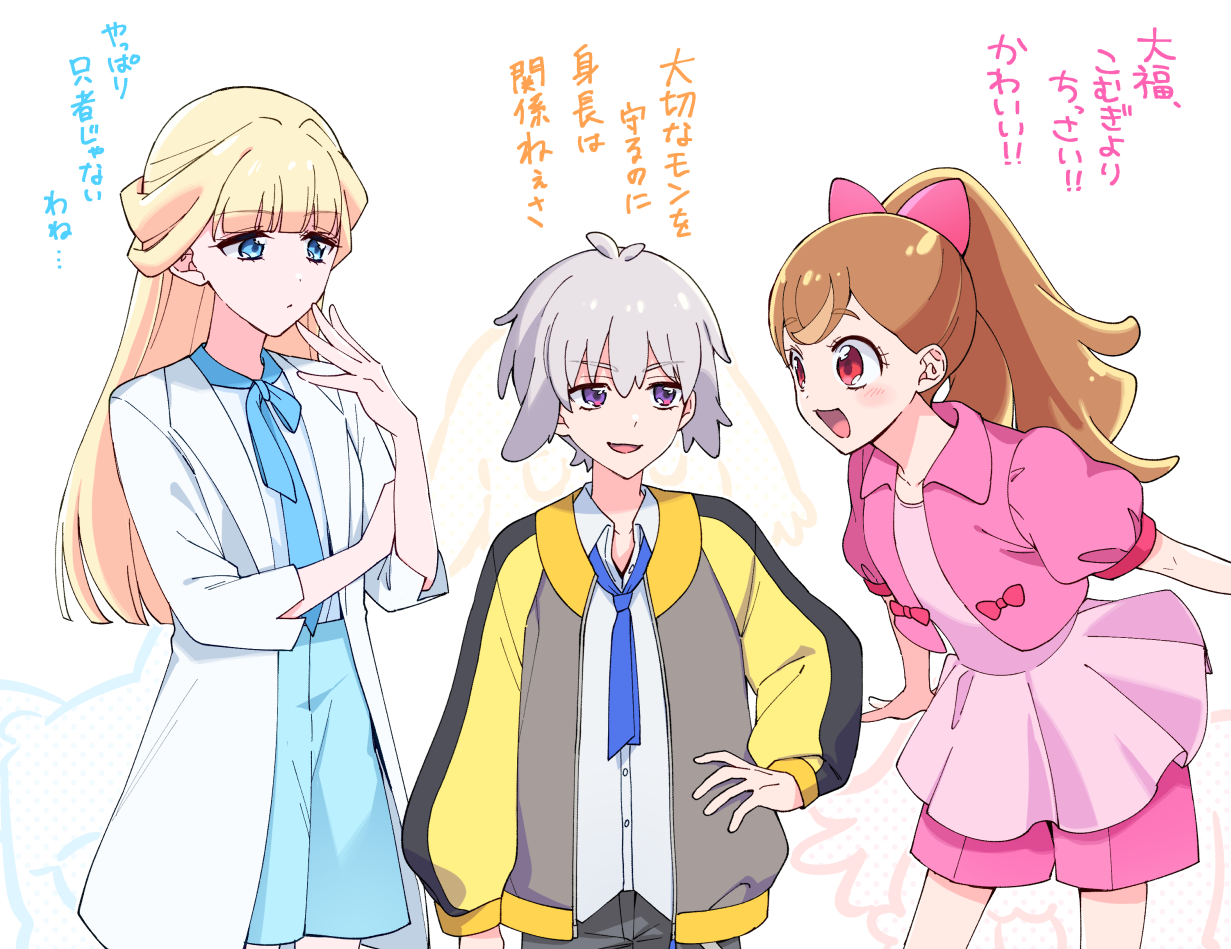 Safebooru - 1boy 2girls blue eyes bow brown eyes commentary request daifuku (precure) grey hair ...