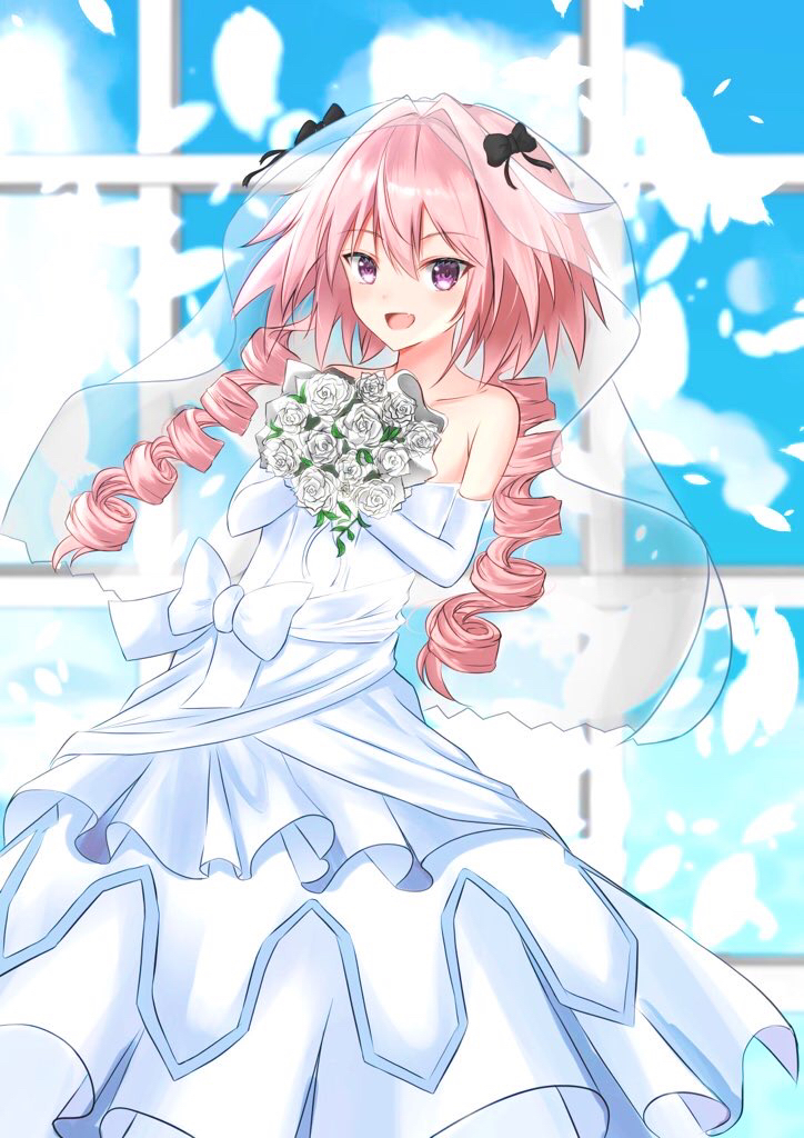 Safebooru - 1boy astolfo (fate) bouquet braid bridal veil bride dress drill hair elbow gloves ...