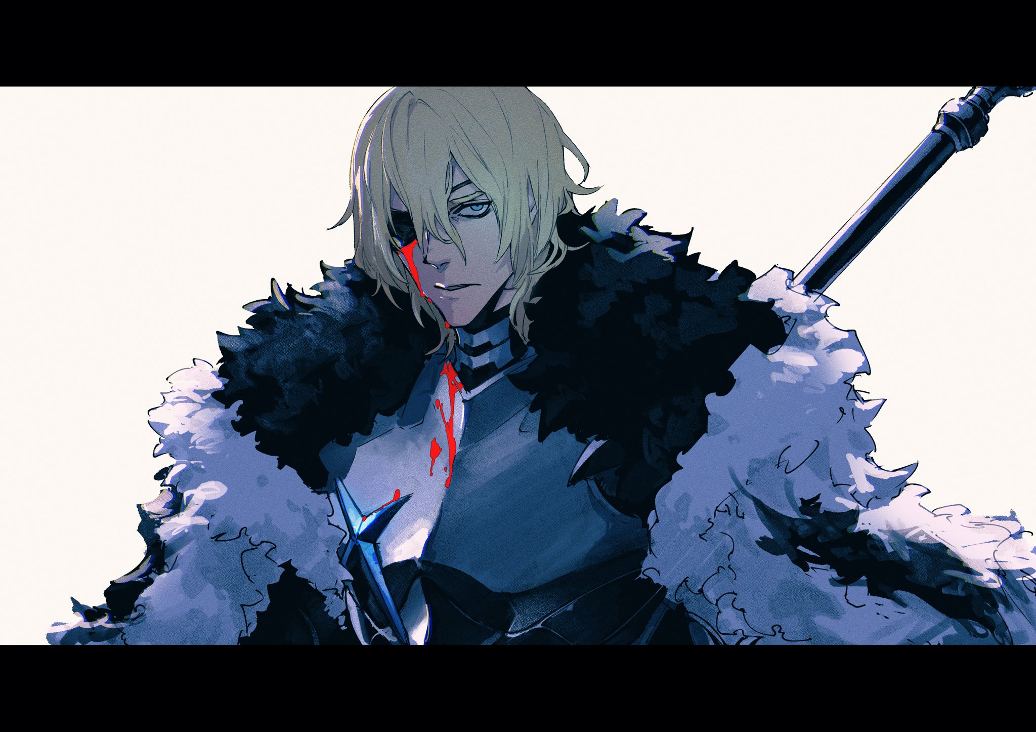 Safebooru - 1boy armor black cape black eyepatch bleeding blonde hair blood blood on face bloody ...