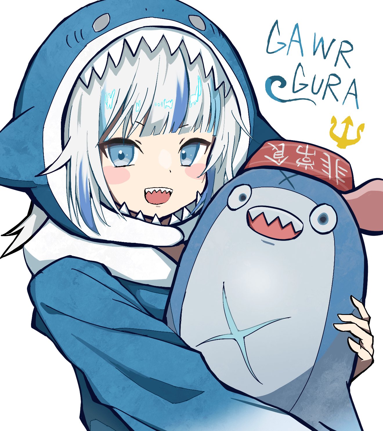 Safebooru - 1girl :d bangs bloop (gawr gura) blue eyes blue hair blue hoodie blunt bangs blush ...