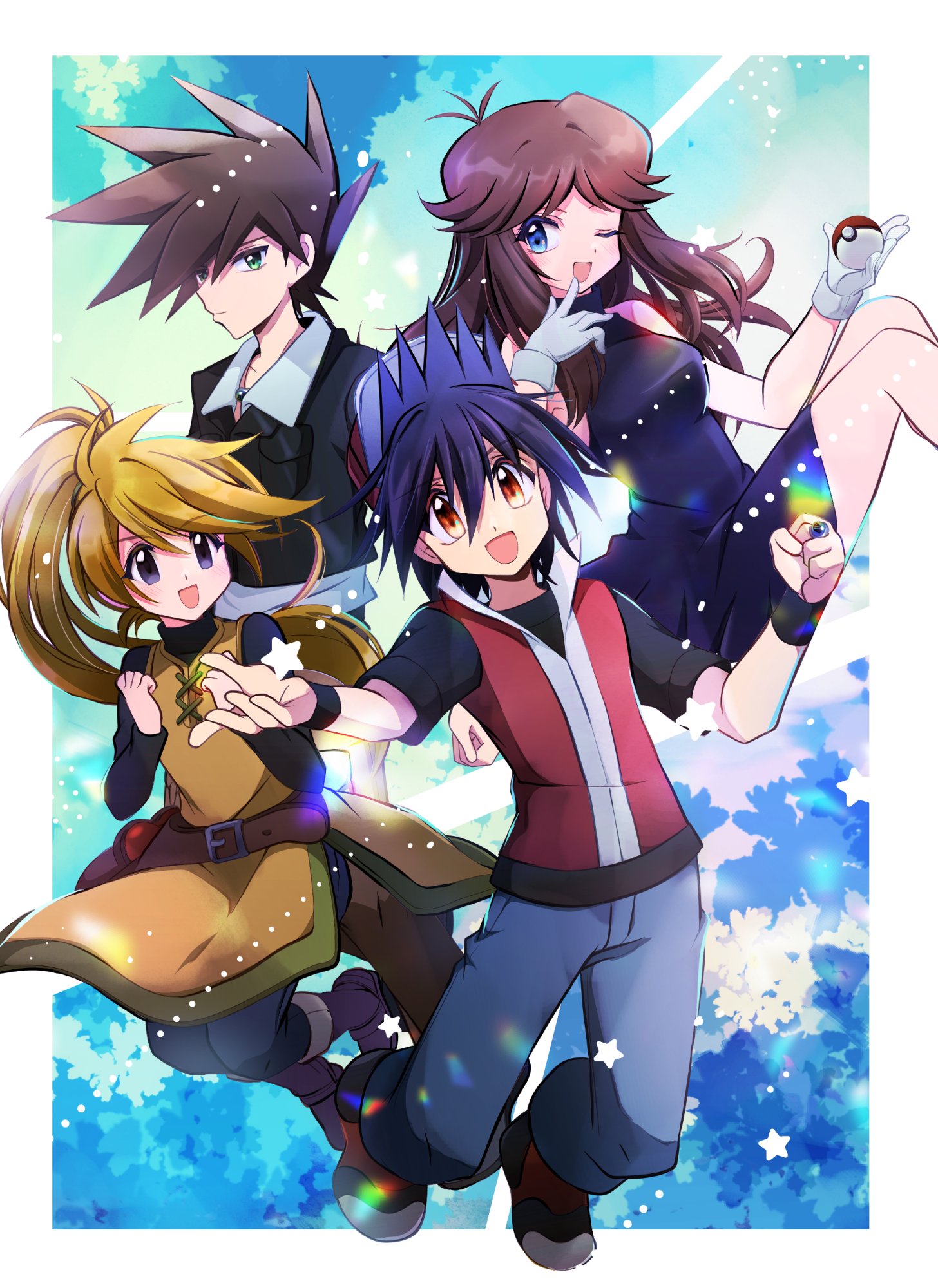 Safebooru - 2boys 2girls ayateaori black hair blonde hair blue oak ...