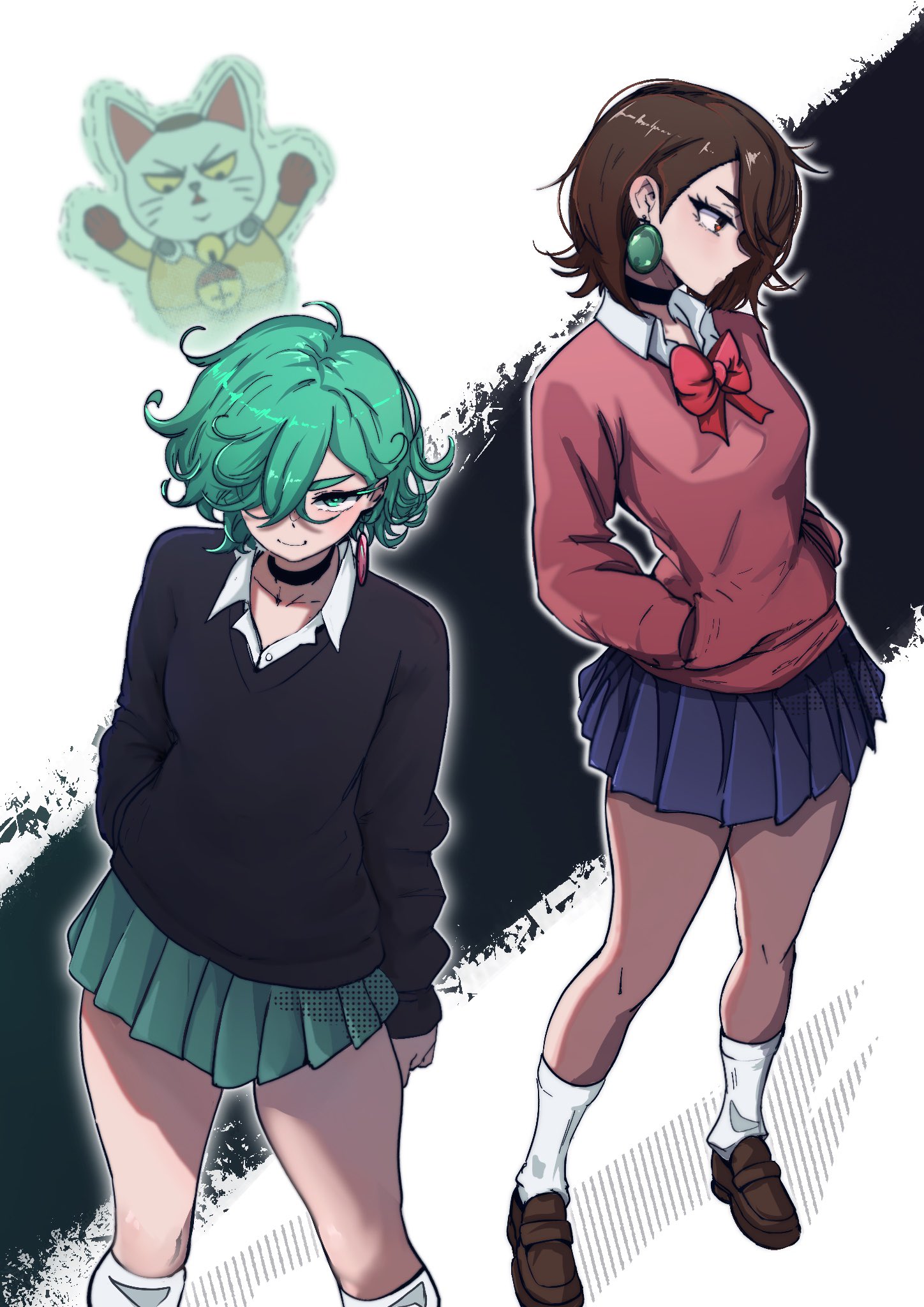 Safebooru - 2girls ayase momo black choker black sweater blue skirt bow bowtie brown footwear ...