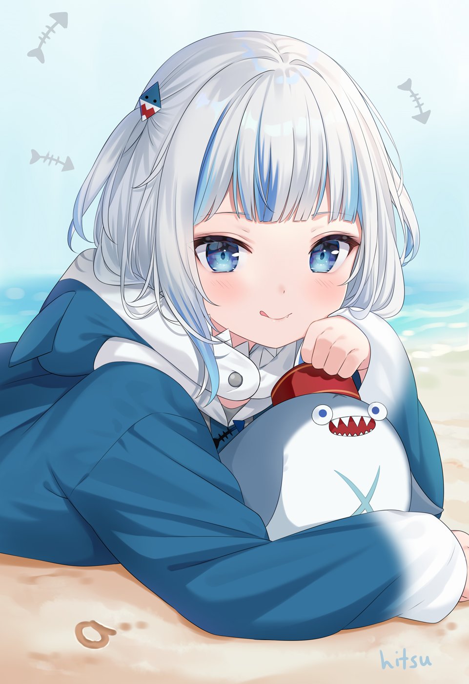 Safebooru - 1girl :q animal hood bangs beach bloop (gawr gura) blue eyes blue hair blue hoodie ...
