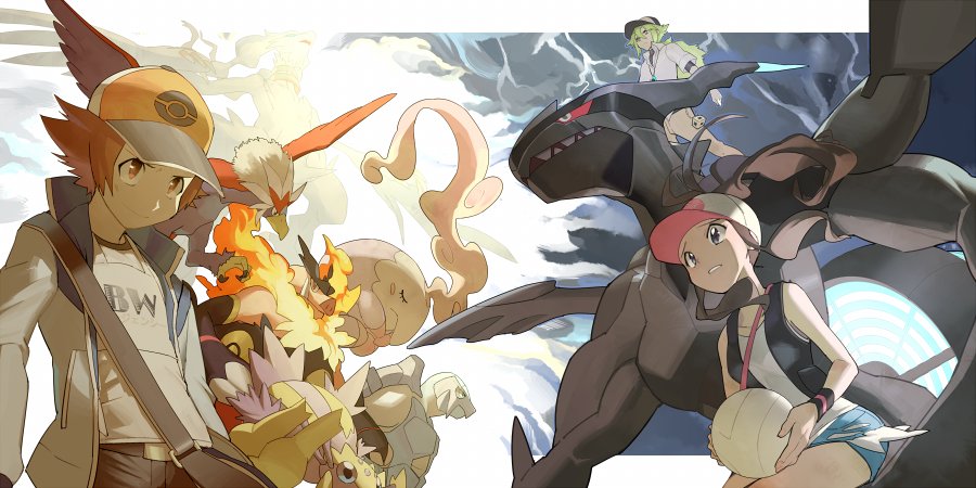 Safebooru - 1girl 2boys bag baseball cap bird black vest blue jacket braviary brown hair ...