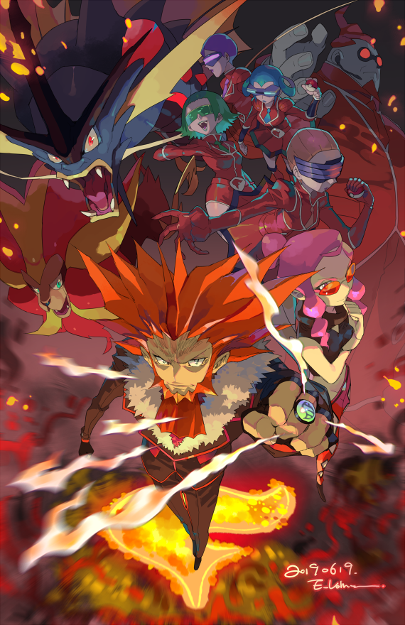 Safebooru - 2boys 5girls aliana (pokemon) beard big hair blue hair ...