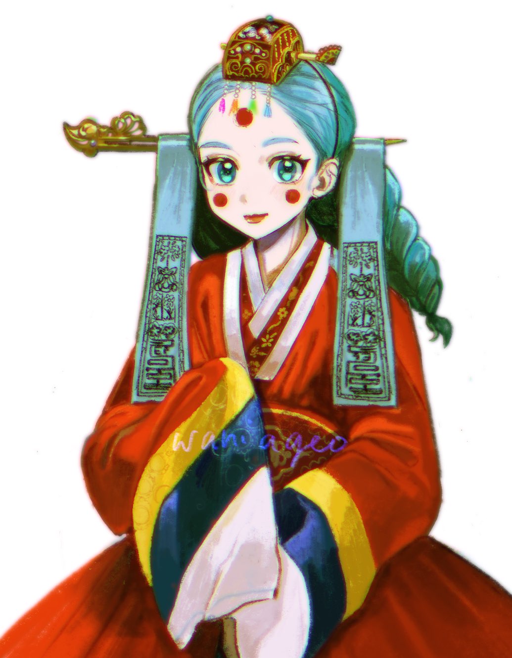 Safebooru 1girl Aqua Eyes Aqua Hair Hair Ornament Hair Stick Hanbok 8143