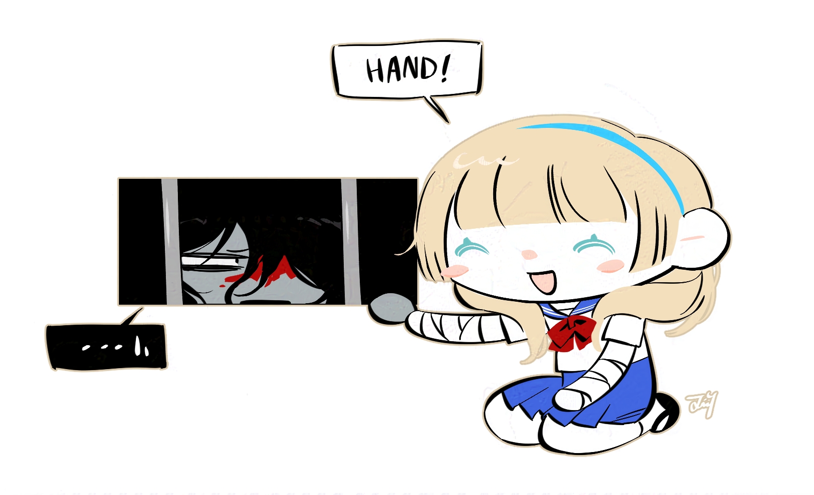 Safebooru - 1boy 1girl bandaged arm bandages bbabbamis2 black eyes black hair blonde hair blood ...