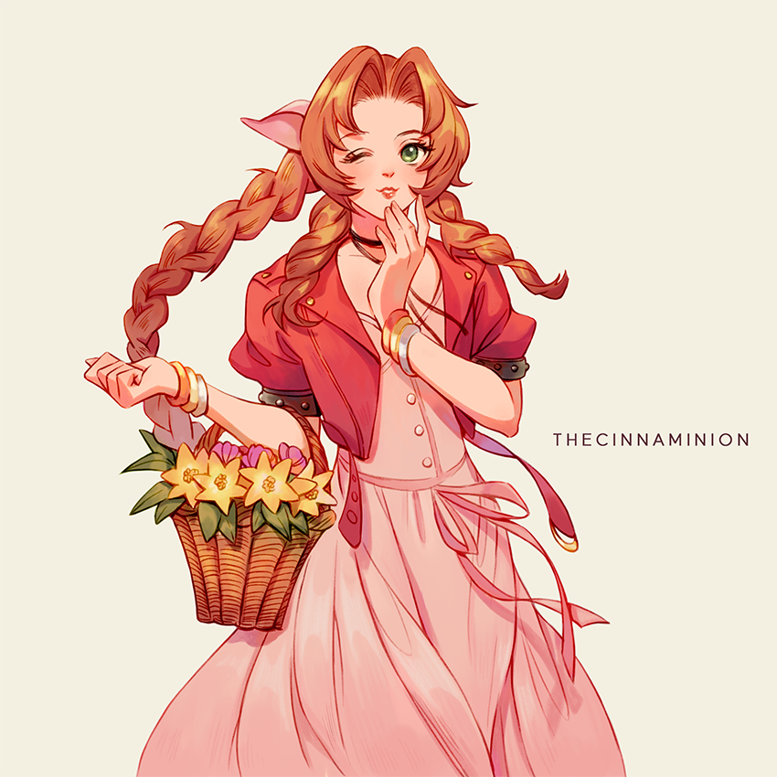 Safebooru - 1girl aerith gainsborough bag bangle bracelet braid braided ponytail breasts brown ...