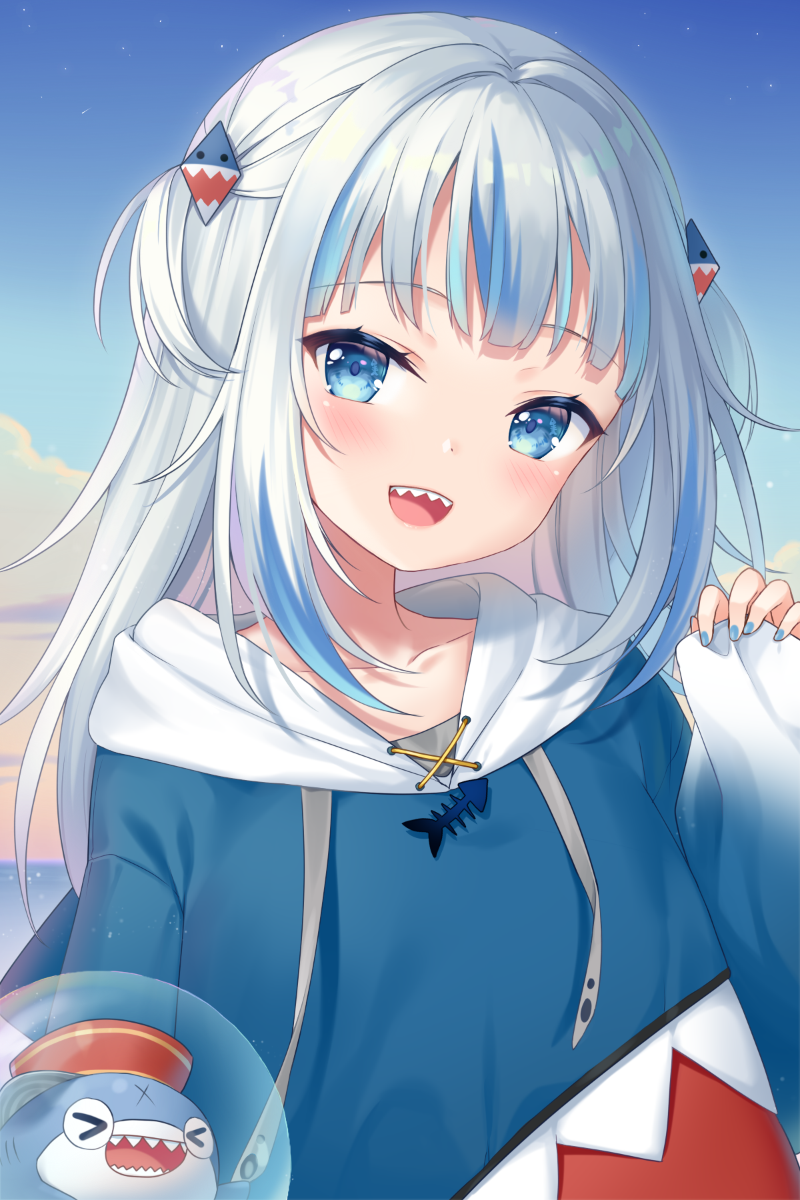 Safebooru - 1girl bangs bloop (gawr gura) blue eyes blue hair blue nails blush bubble collarbone ...