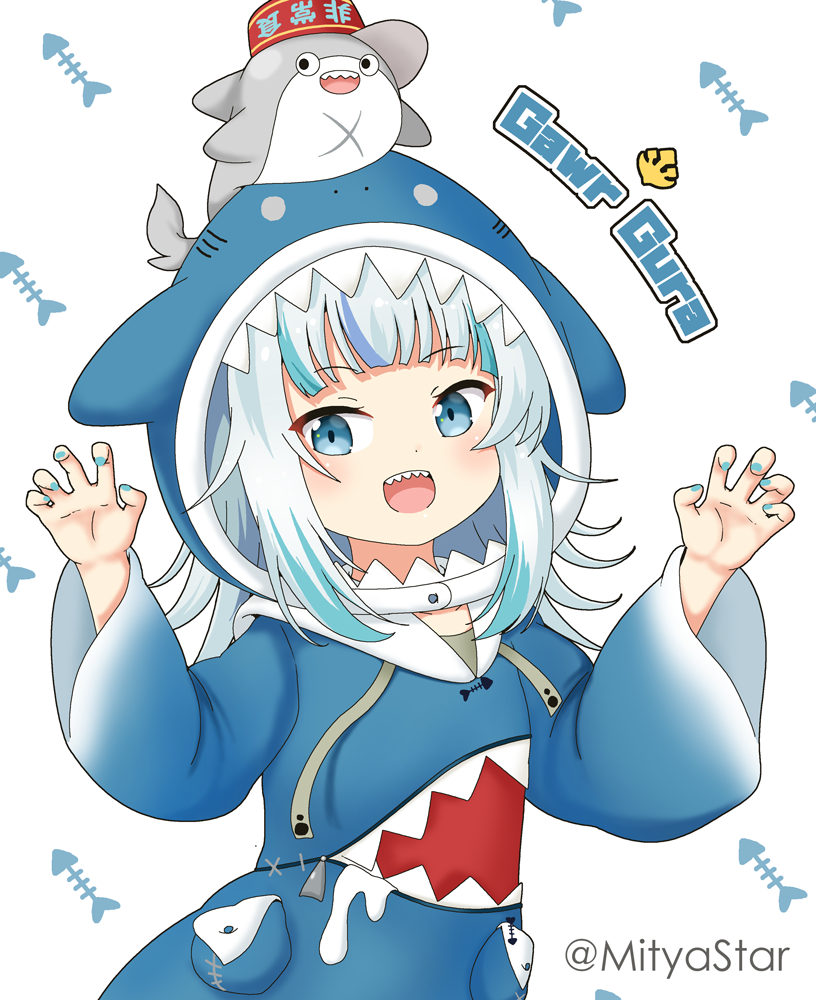 Safebooru - 1girl :d bangs bloop (gawr gura) blue eyes blue hair blue hoodie blue nails ...
