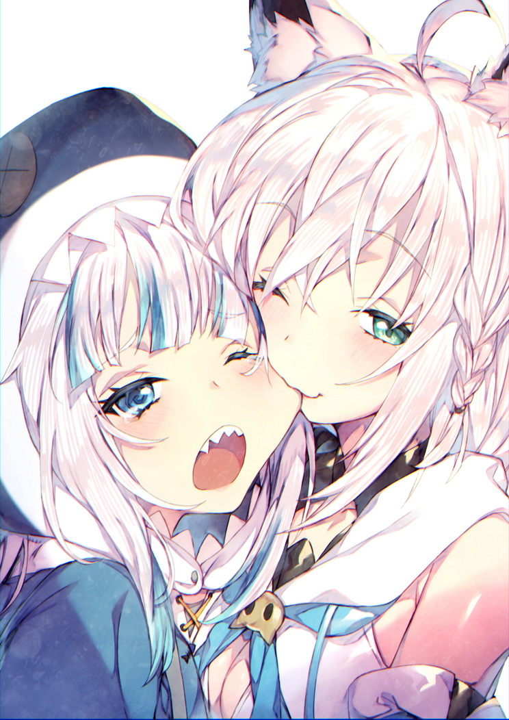 Safebooru - 2girls ;3 ;o @ @ ahoge animal ear fluff animal ears bangs biting blue eyes blue hair ...