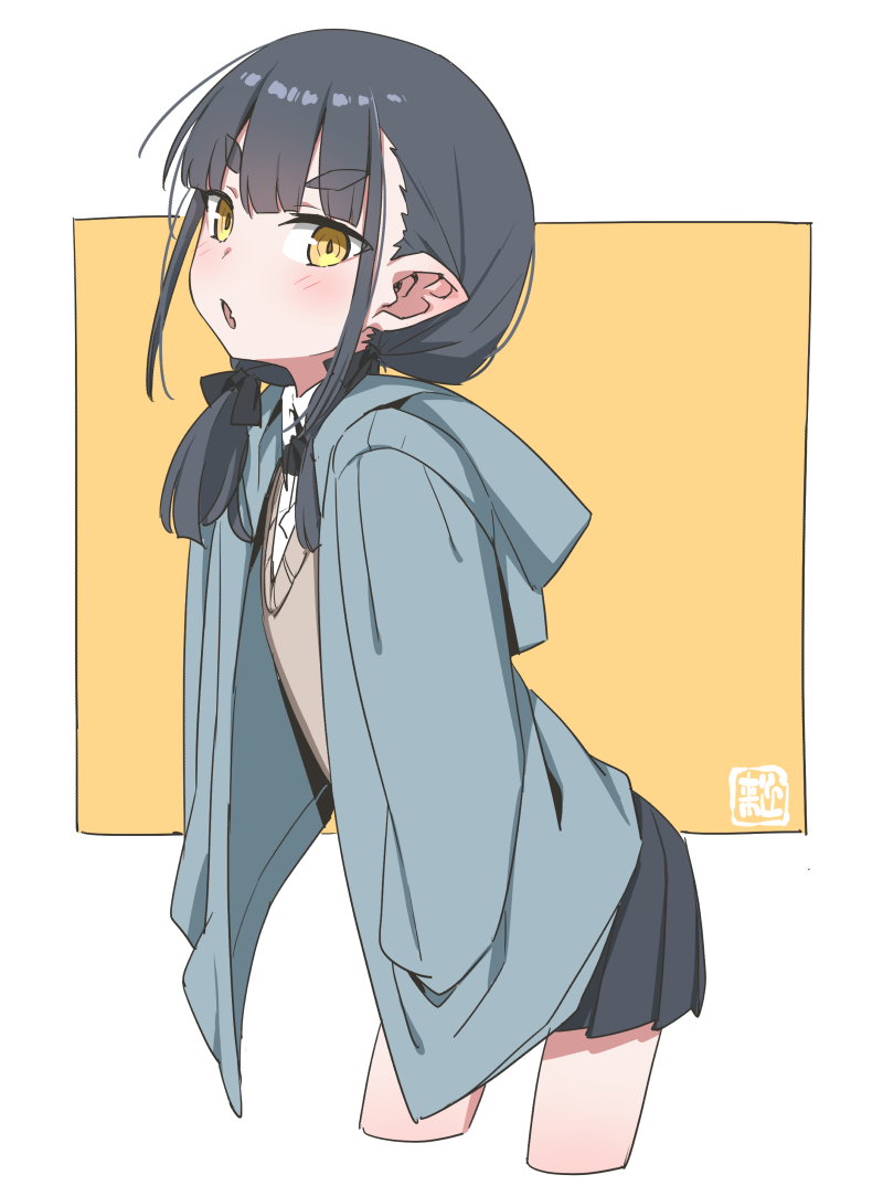 Safebooru - 1girl akari (raigou) black hair commentary elf fang hood ...