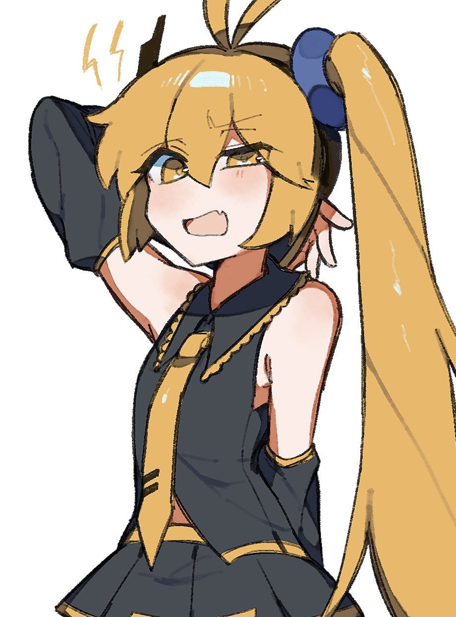 Safebooru - 1girl akita neru antenna hair arm up bare shoulders black shirt black skirt black ...