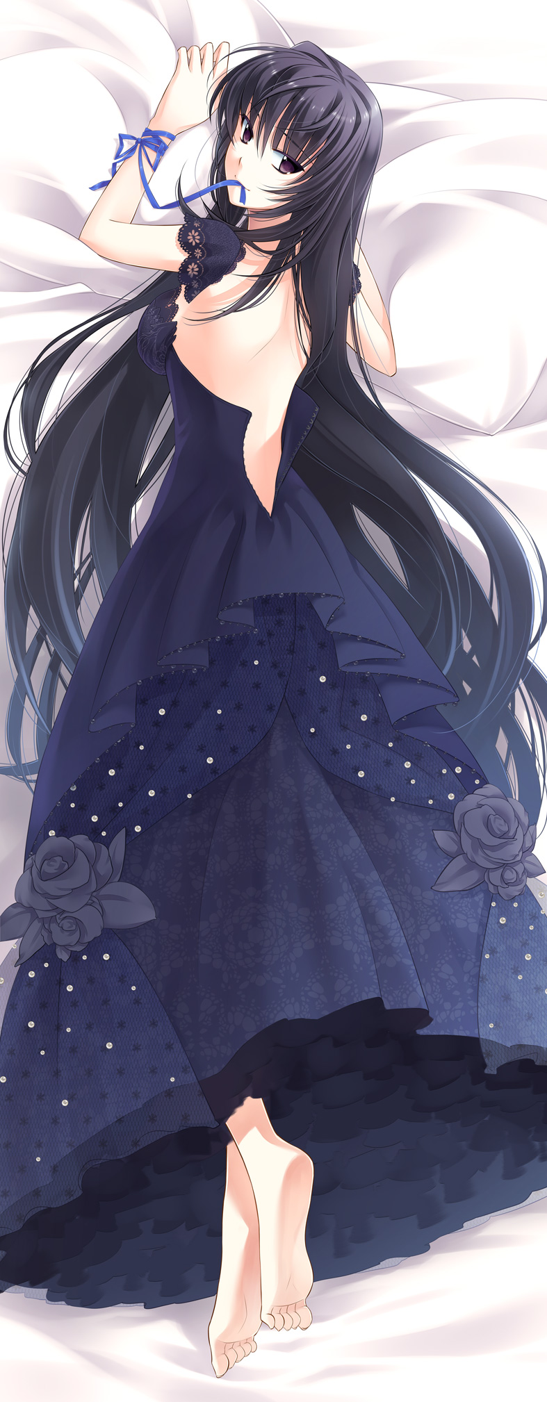 Safebooru - 1girl barefoot black dress black eyes black hair blue ribbon breasts dakimakura ...