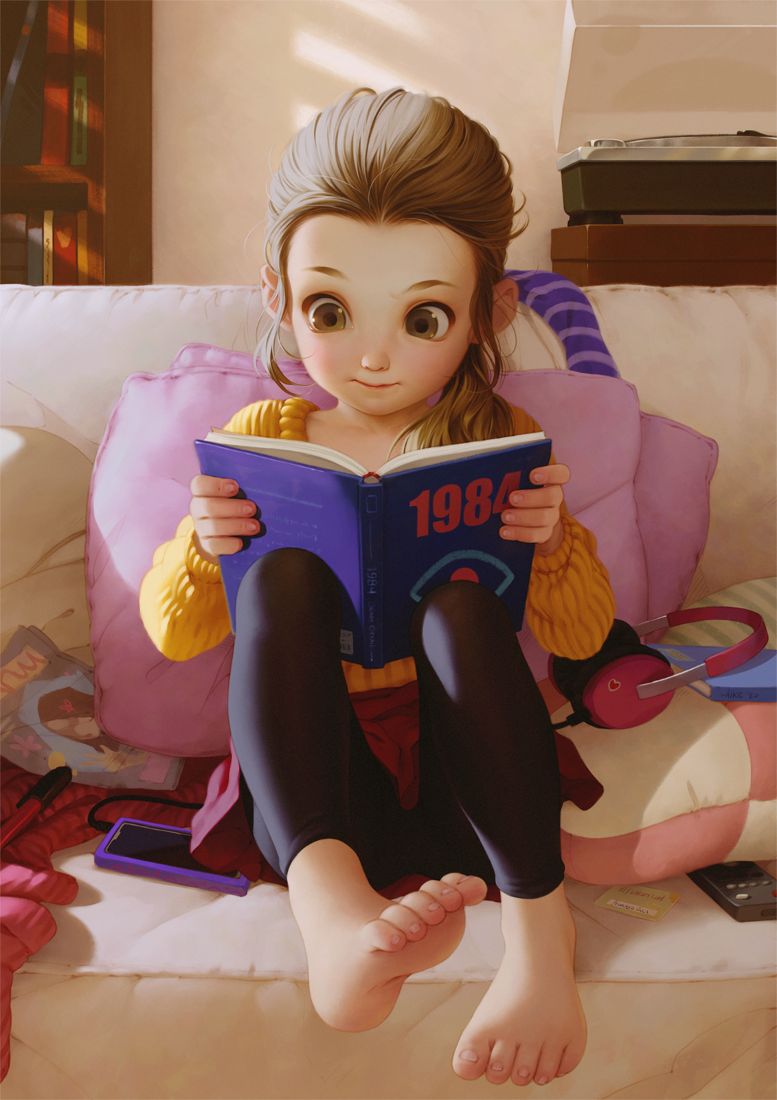 Safebooru 1984 1girl Alkemanubis Barefoot Book Bookshelf Brown Eyes 2742