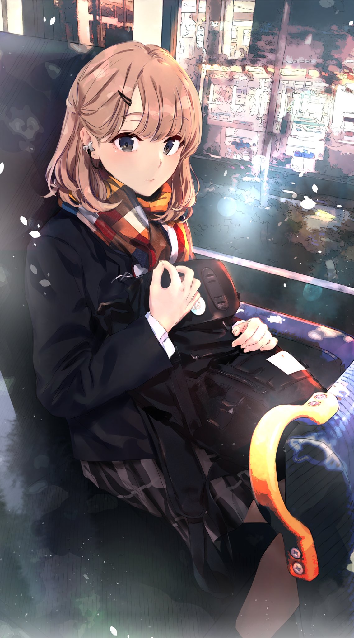 Safebooru - 1girl backlighting backpack bag black eyes black jacket black skirt blush brown hair ...