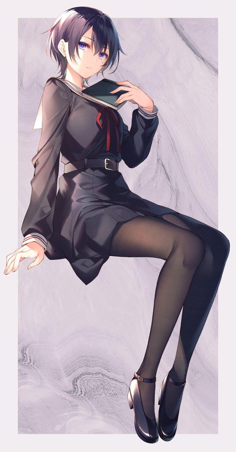 Safebooru - 1girl bangs black dress black footwear black hair black legwear blue eyes book ...