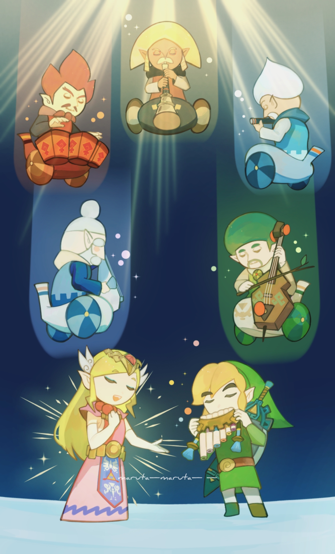 Safebooru - 1girl 6+boys biwa lute caben (zelda) cello closed eyes ...