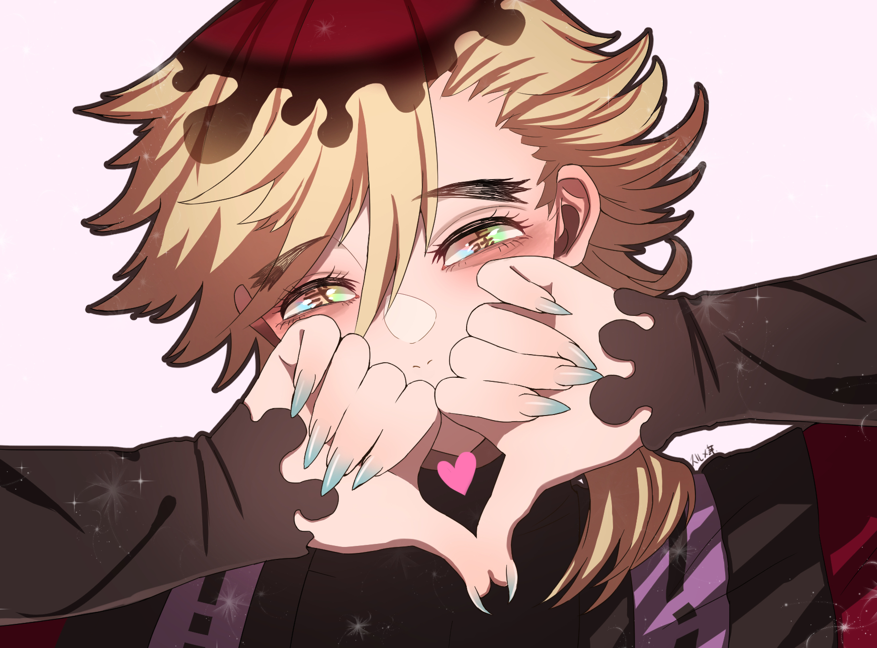 Safebooru - 1boy black sleeves blonde hair blue nails blush covered ...