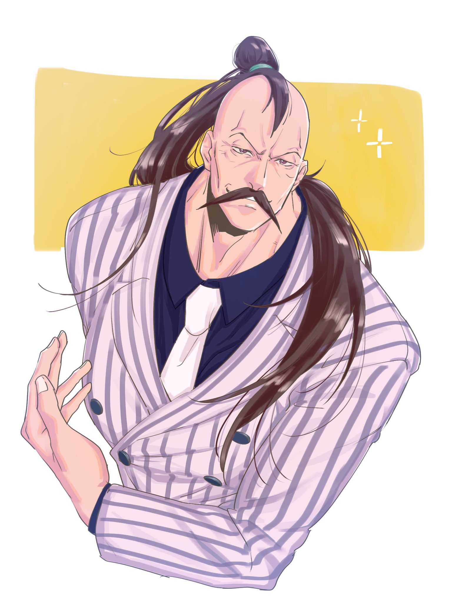 Safebooru - 1boy blue shirt brown hair collared shirt commentary facial hair hair bun highres ...