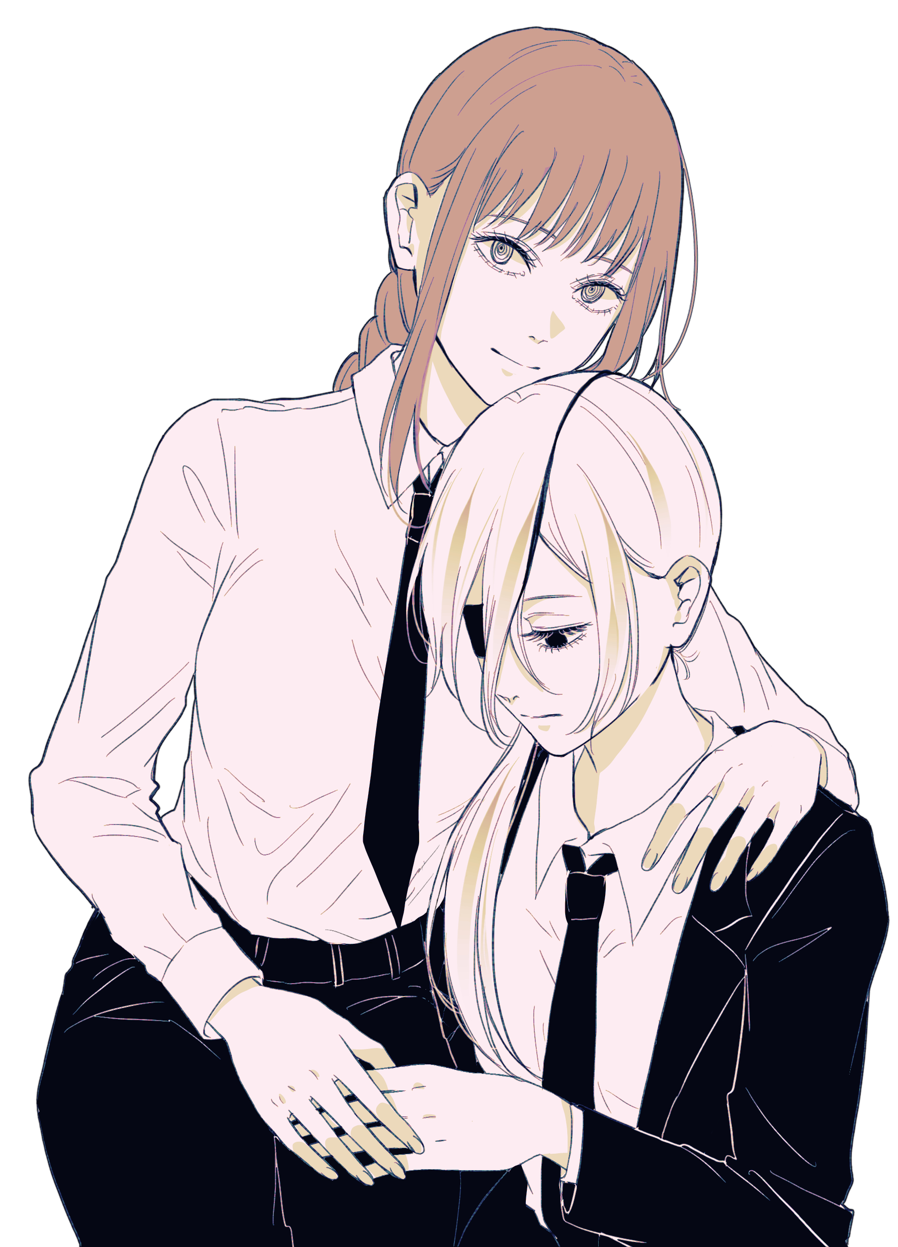 Safebooru - 2girls absurdres black eyes black neckwear black pants brown hair business suit ...