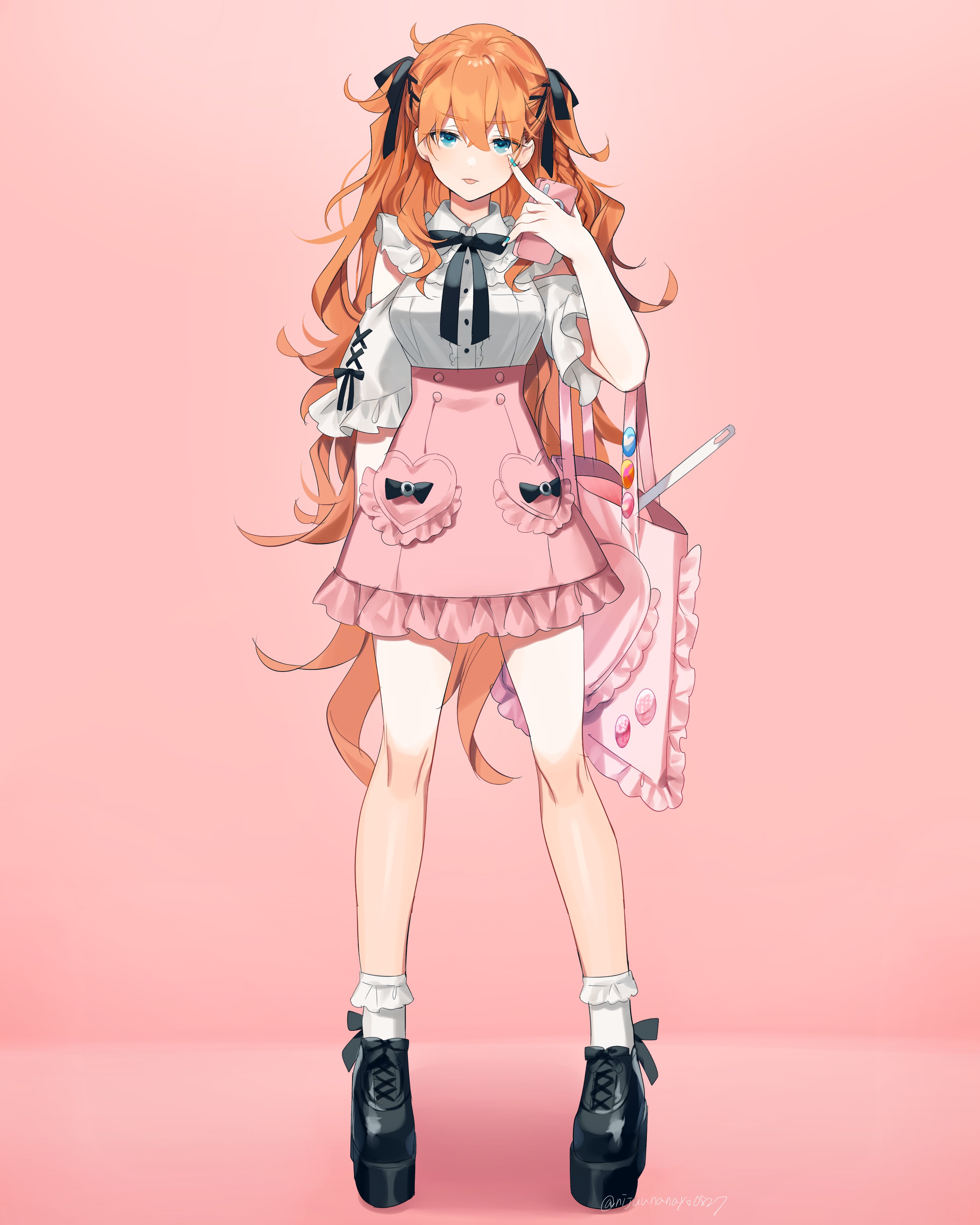 Safebooru - 1girl absurdres akanbe apron arm at side bangs bare legs black footwear black ribbon ...