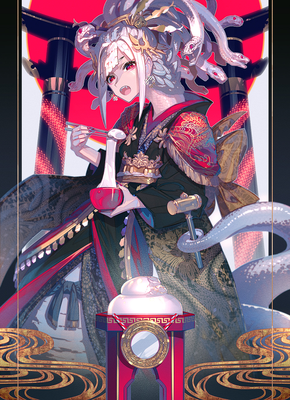 Safebooru - 1girl 2025 albino chinese zodiac eating fangs food food ...