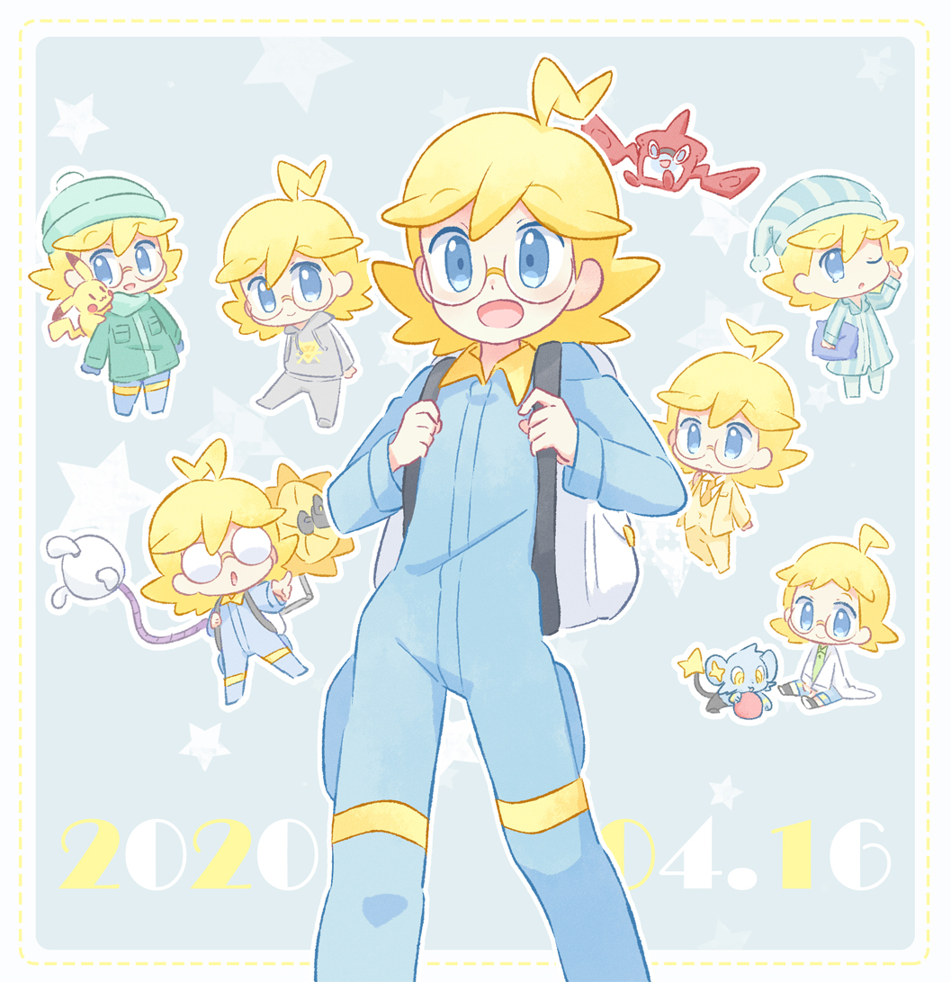 Safebooru - 1boy ahoge akasaka (qv92612) backpack bag bangs blonde hair blue eyes blue jumpsuit ...