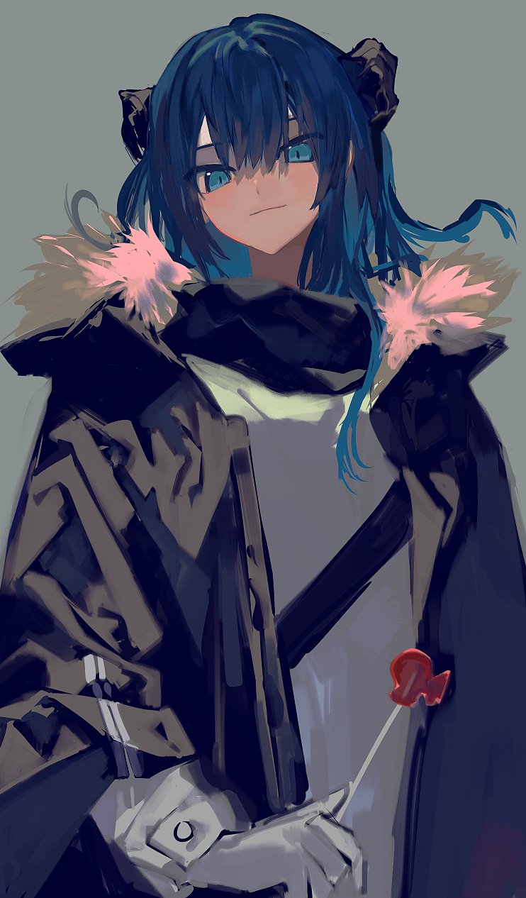 Safebooru - 1girl arknights black jacket blue eyes blue hair candy closed mouth coat commentary ...